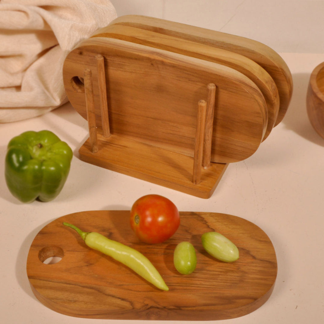 Handcrafted Teakwood Oval Shape Small Chopping Board Set of 4 – Craft Melon